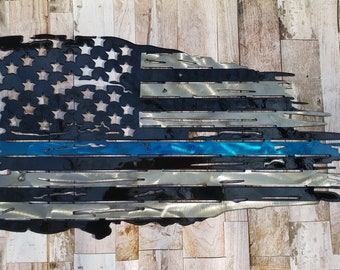 Customized Metal Tattered Punisher Flag Thin Blue Line W/ Reclaimed ...
