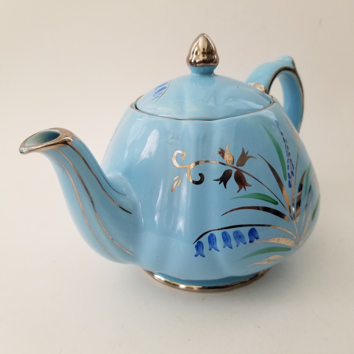 Light Blue Sky Blue Sadler Teapot Bluebell Pattern Silver Detailing and ...