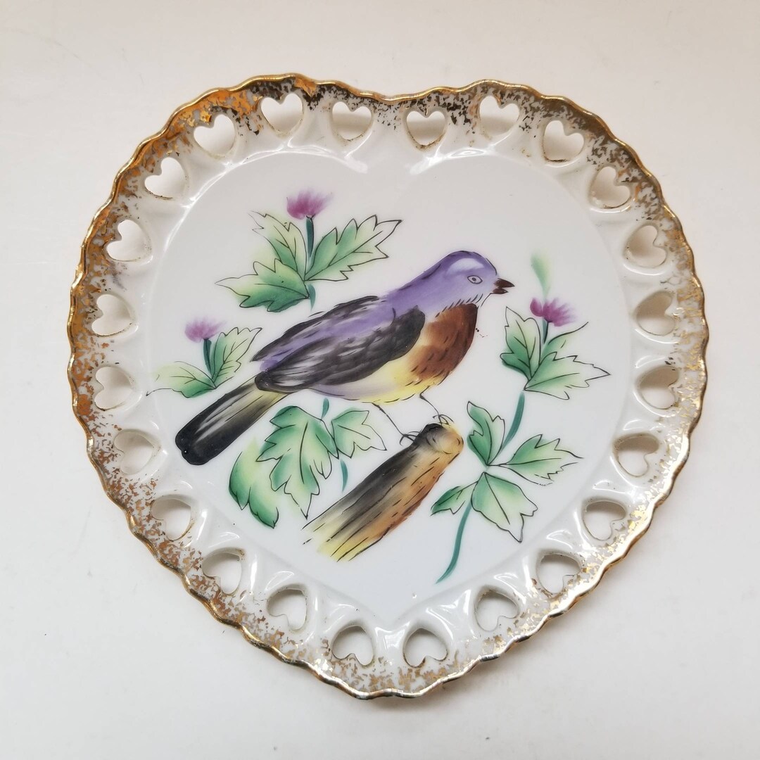 Hand Painted Blue Bird Heart Shaped Plate Pierced Edge Gold Trim Made ...