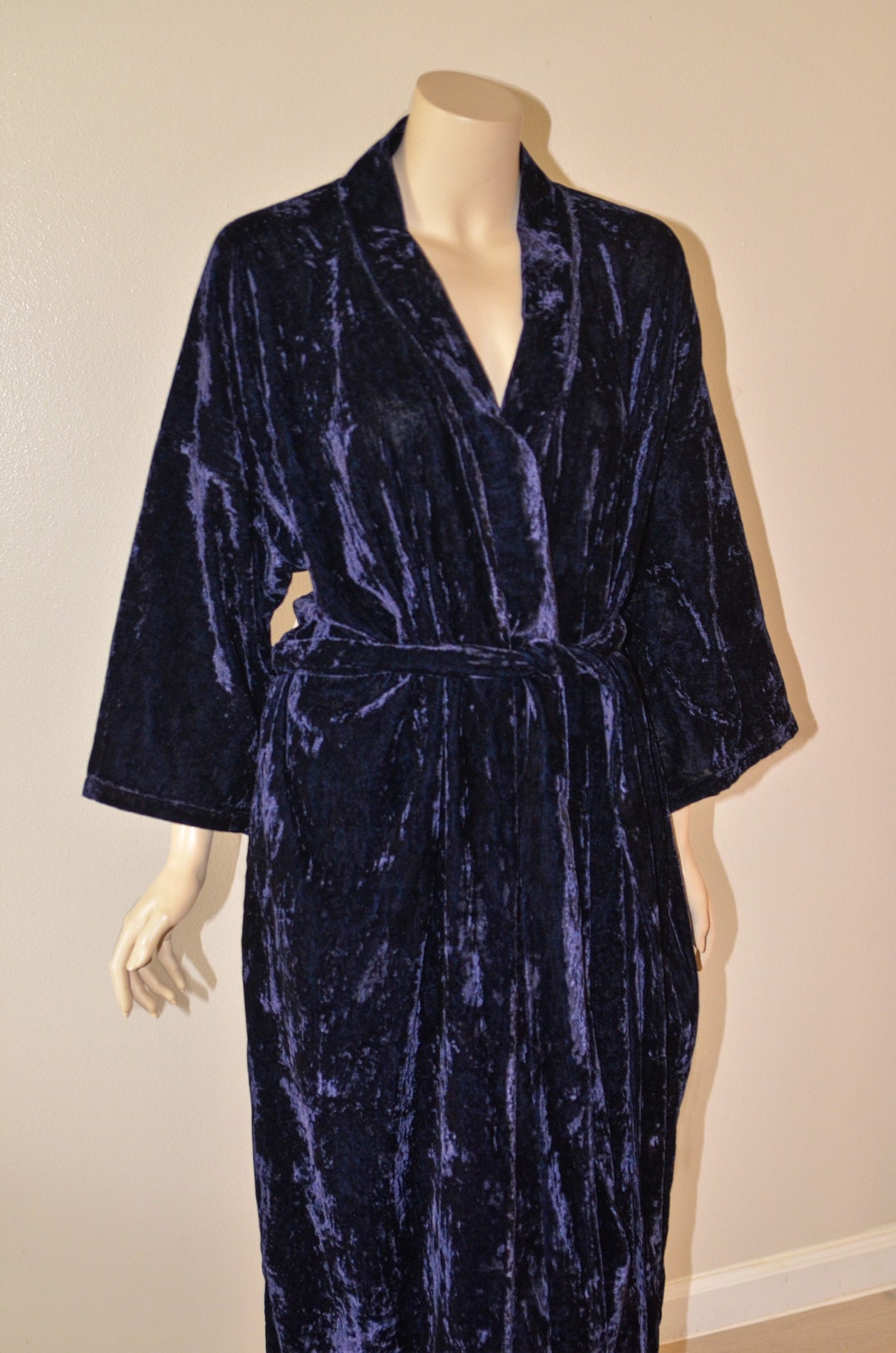 Navy Midnight Blue 100% Pure Silk Velvet Kimono (robe) / Real Silk ...