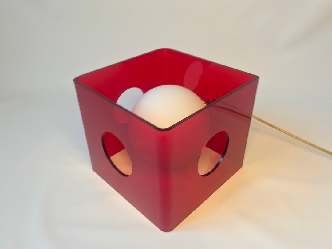 Red Plexiglas Cube Side Table Lamp With a White Globe Circa 1990 Red ...