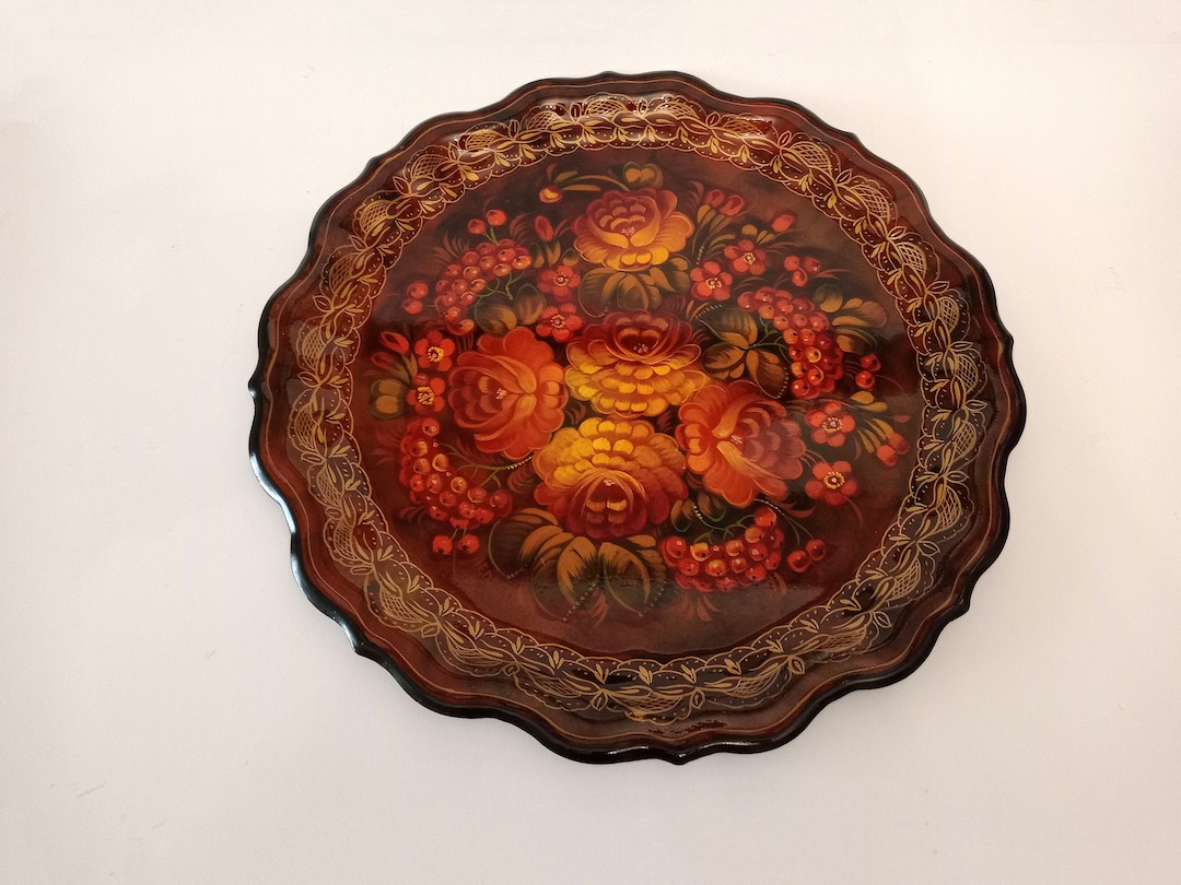 Vintage Zhostovo Metal Hand Painted Brown Serving Tray With Flowers ...