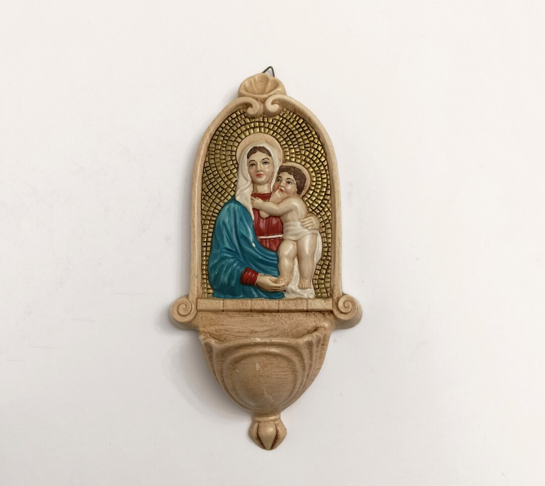 Vintage Handpainted Virgin Mary and Child Holy Water Font From - Etsy