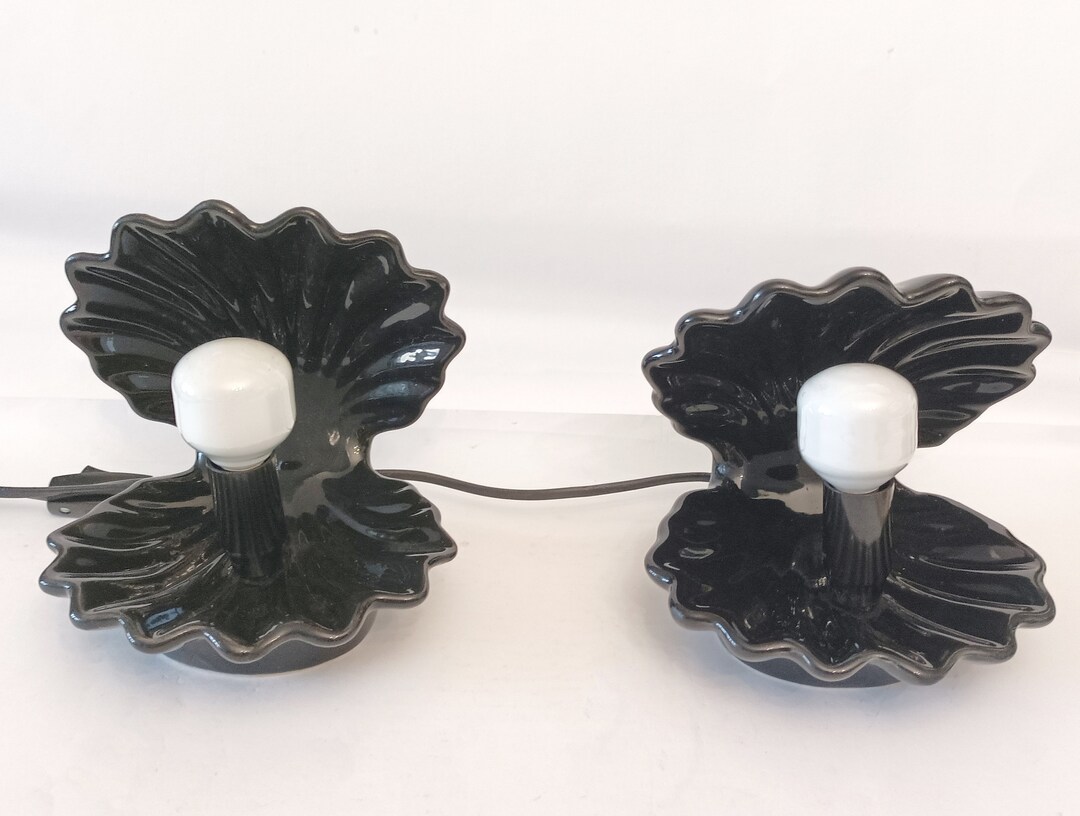 Pair of Vintage Ceramic Clam Table Lamps Circa 1960 Pair of Retro Black ...