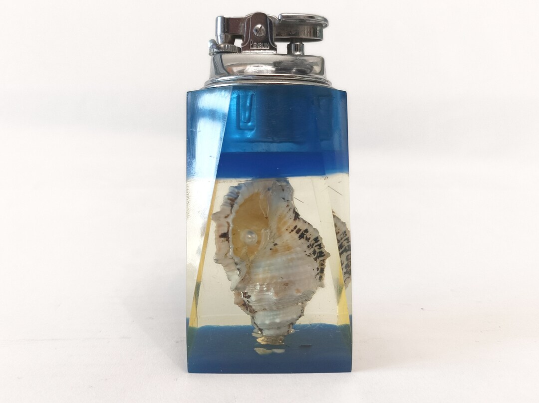 Kitsch Blue Lucite Penguin Table Lighter With Shell and Pearl Circa ...