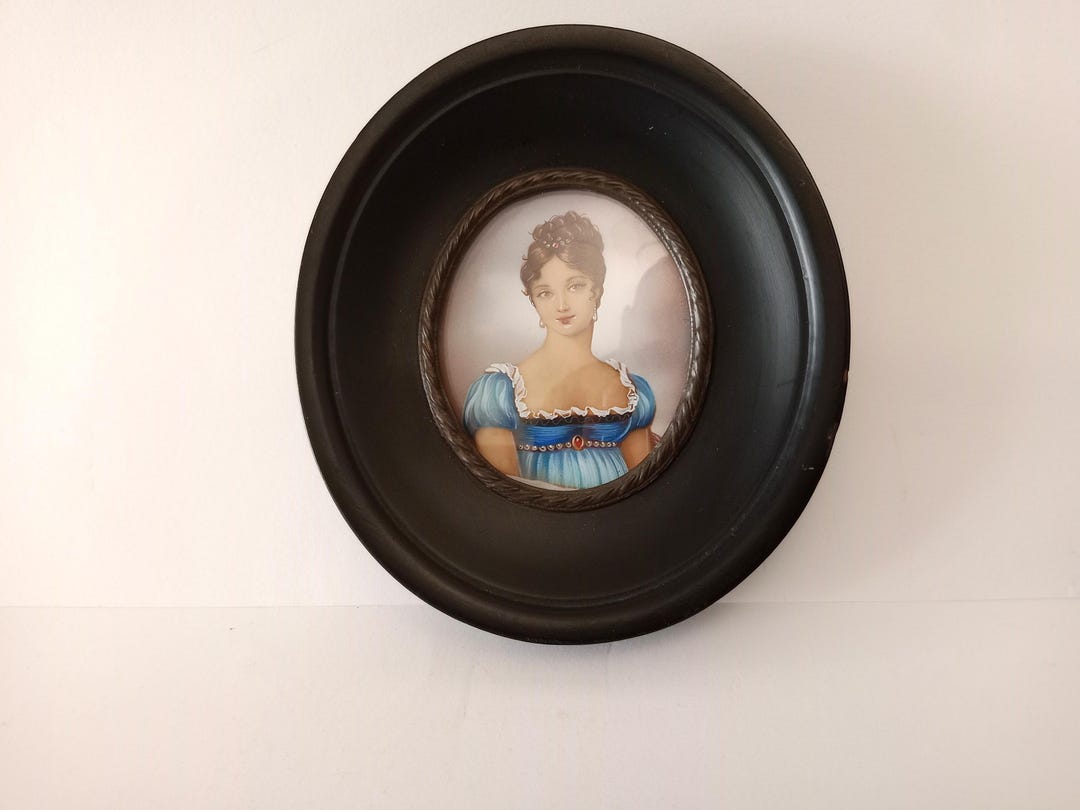 French Miniature Portrait With Black Wooden Frame Brass Rim and Bombé ...
