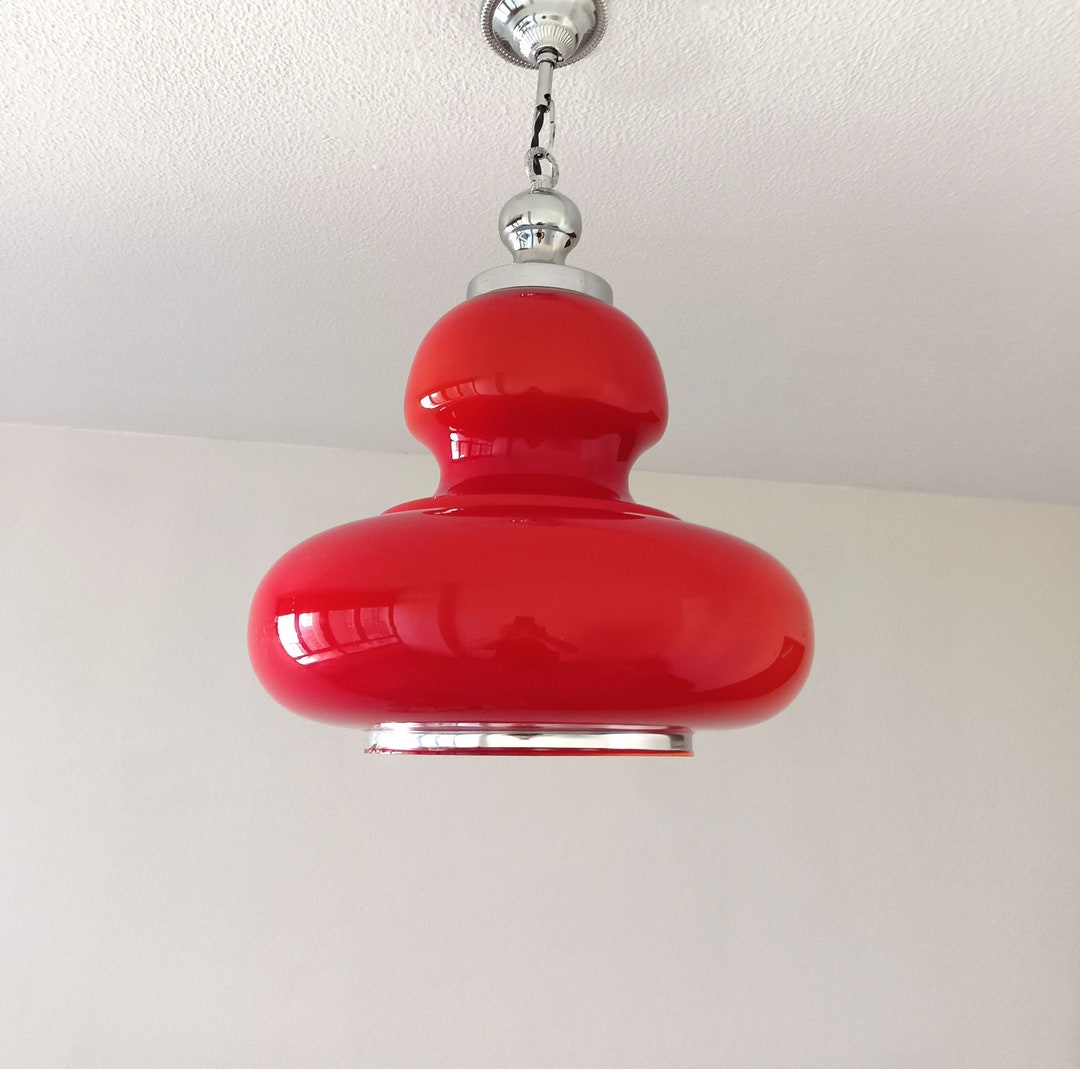 Large Mcm Red Opaline Pendant Light From the 1950s Vintage Red Glass ...