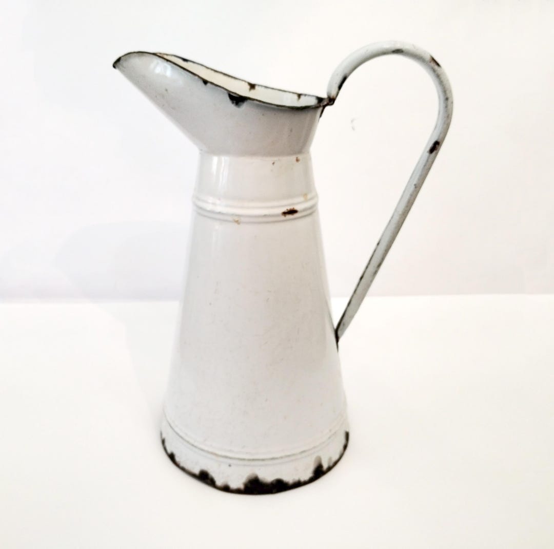 French Enamel Pitcher Circa 1940 Large White and Blue Enamel Jug From ...