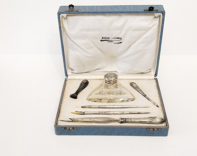 Boxed Vintage Ink Set Circa 1950 Spain Complete Silver Plate Ink Set ...