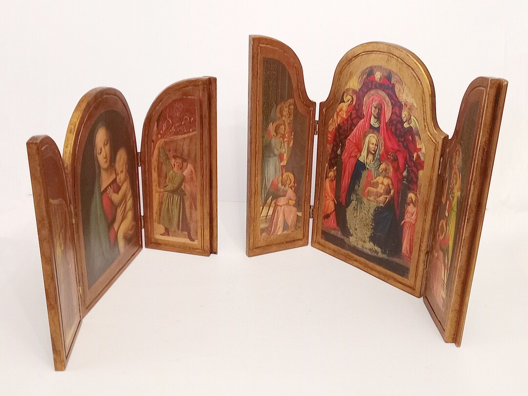 Set of Two Large Religious Wooden Triptychs Made in Spain Circa 1960 Vintage Virgin Mary and ...