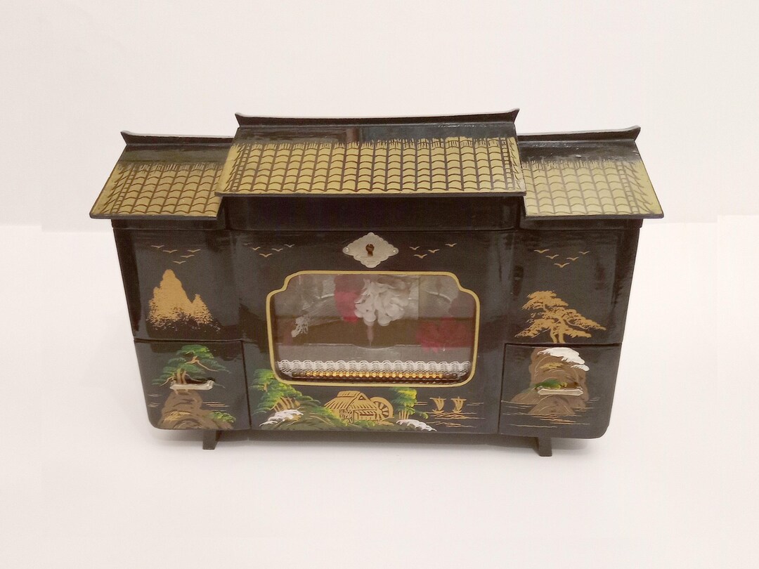 Pagoda Black Lacquered Chest Music Box With Ballerina Circa 1960 Rare ...