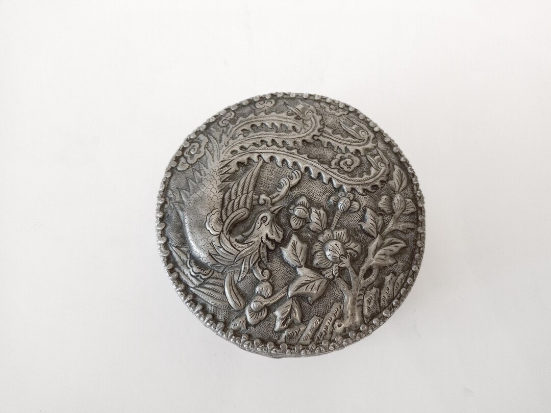 Round Metal Trinket Box With Embossed Oriental Design Circa 1960 Round ...