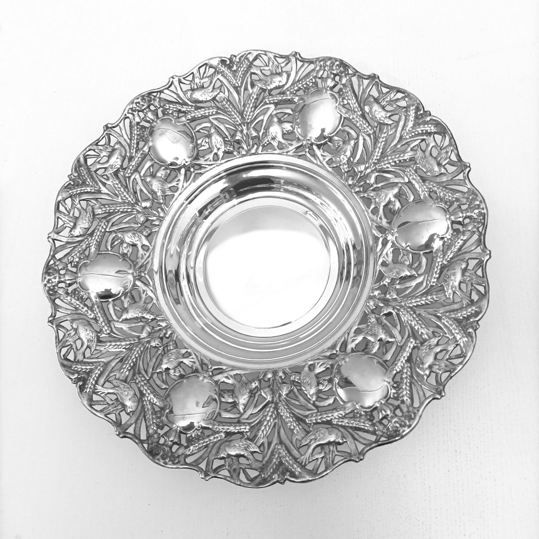 Alpaca or German Silver Round Tray With Birds Made by Orbisa Spain ...