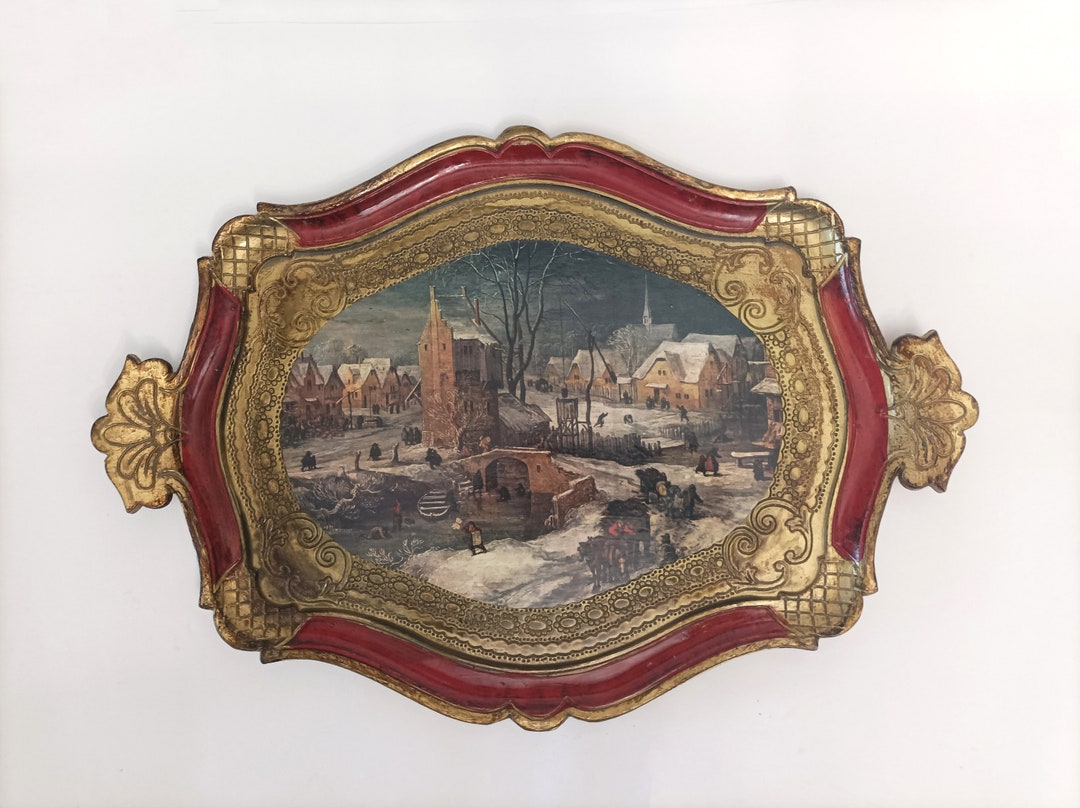Vintage Italian Tray in Red and Gold With Winter Scene Circa 1970 ...