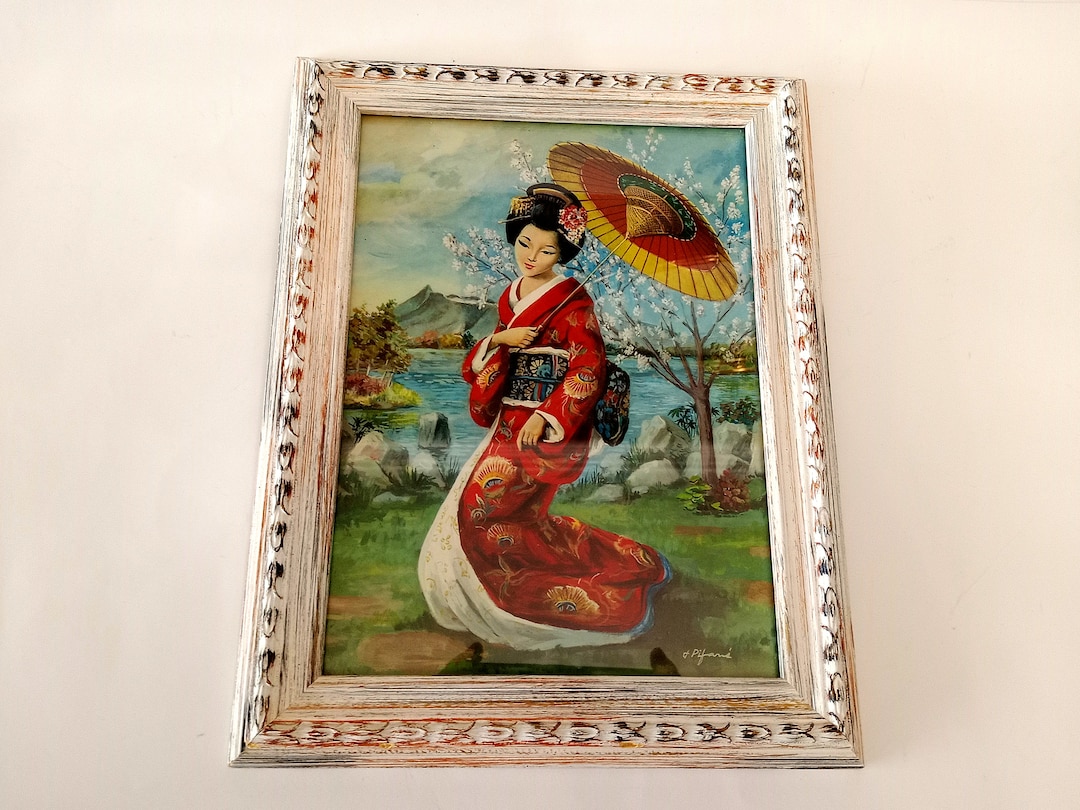 Framed Vintage Print of Geisha Girl With Parasol Kitsch Japanese Print ...