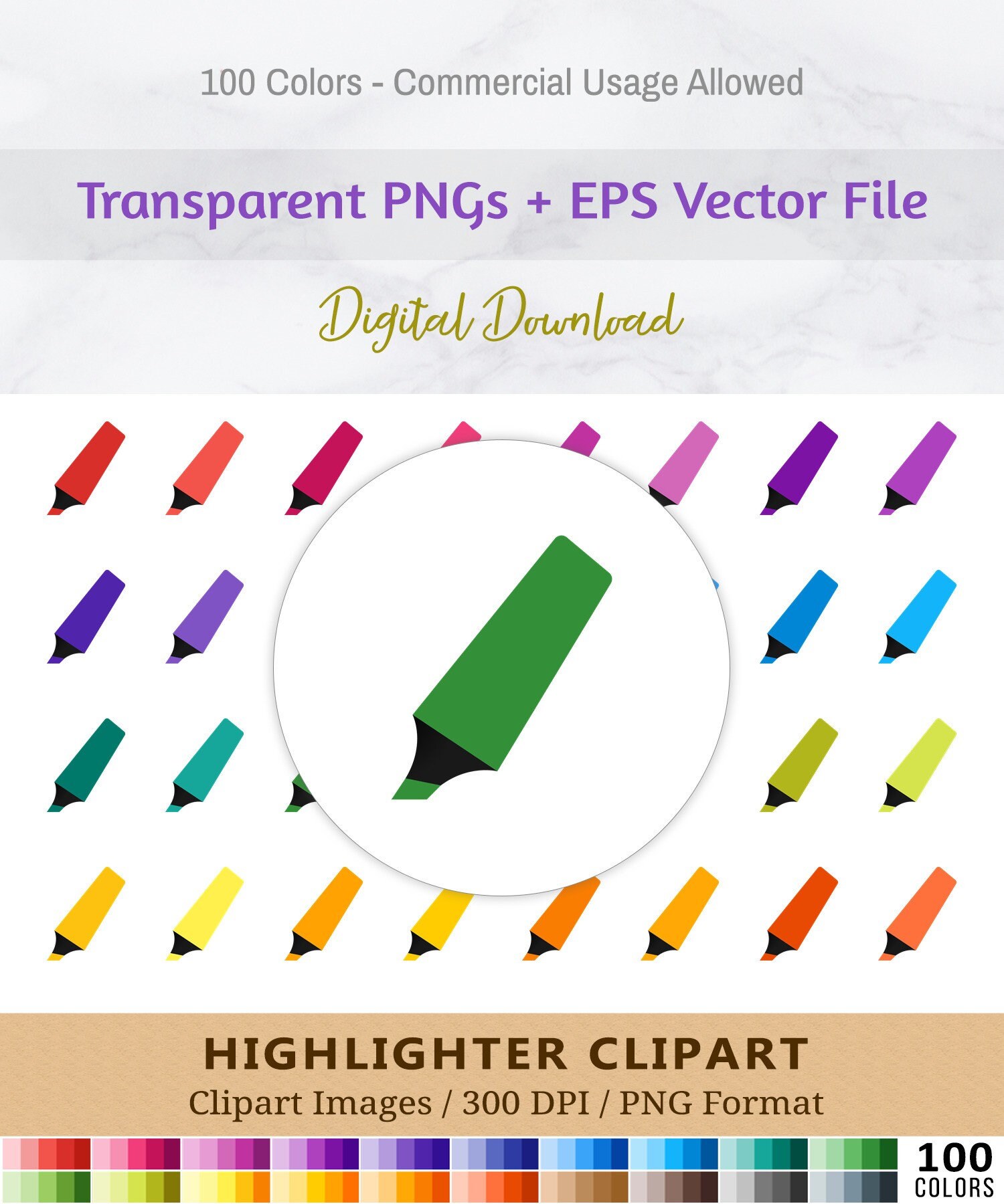 100 Highlighter Pen Clipart, Marker Clip Art, Rainbow Colors Planner ...