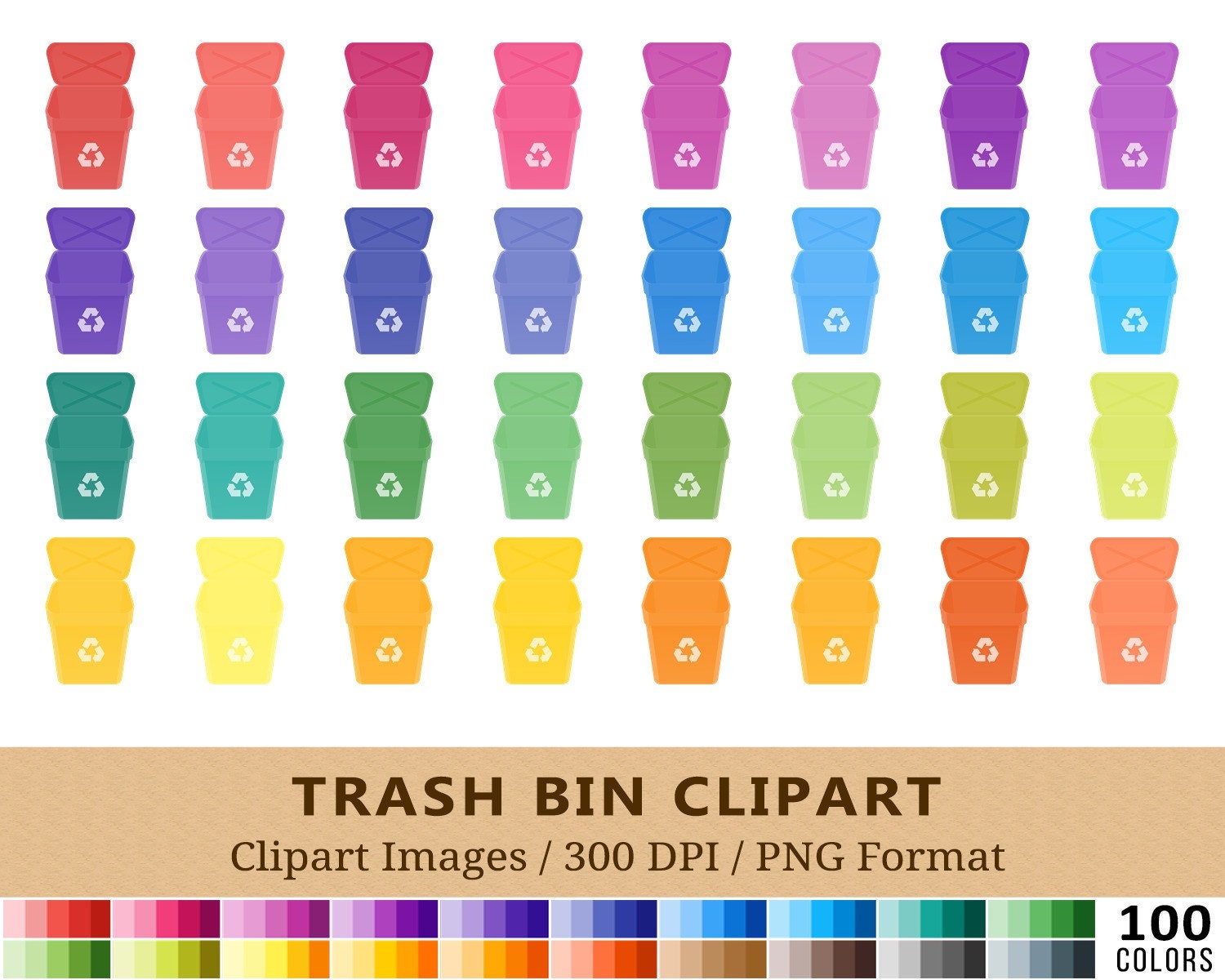 100 Recycle Bin Clipart, Trash Bin Clip Art, Rainbow Colors, Garbage ...