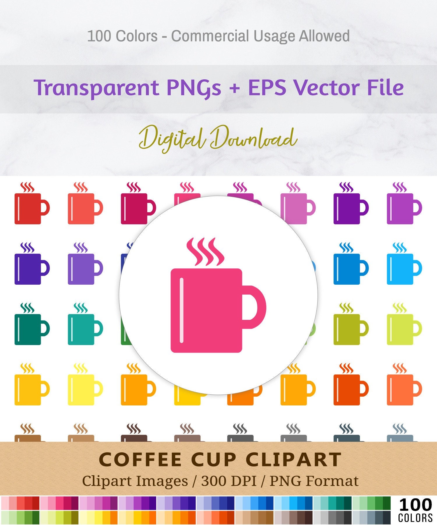 100 Coffee Mug Clipart, Tea Cup Clip Art, Hot Cocoa, Rainbow Colors ...