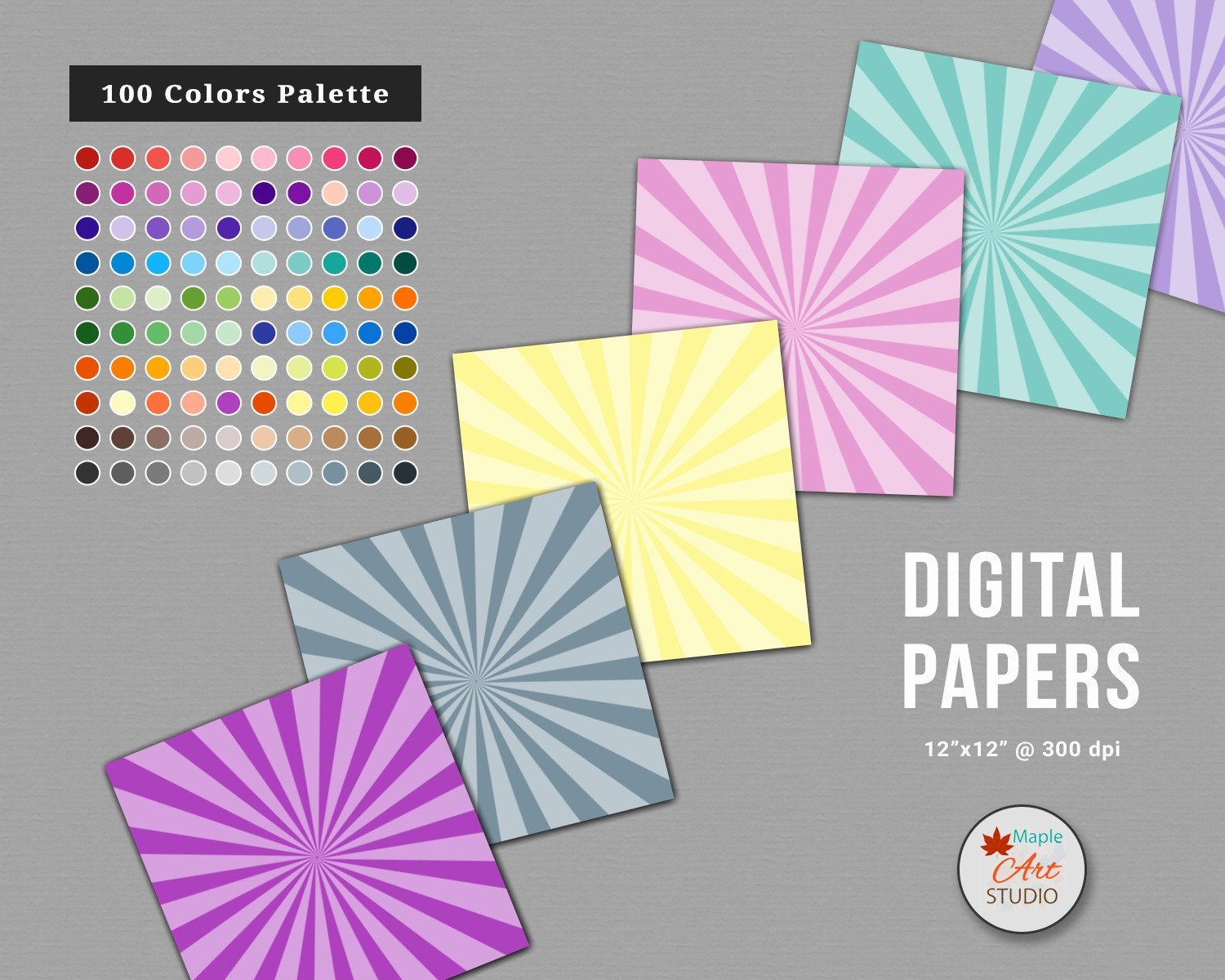Tinted Sunburst Digital Paper, 100 Rainbow Colors, Star Burst Pattern ...