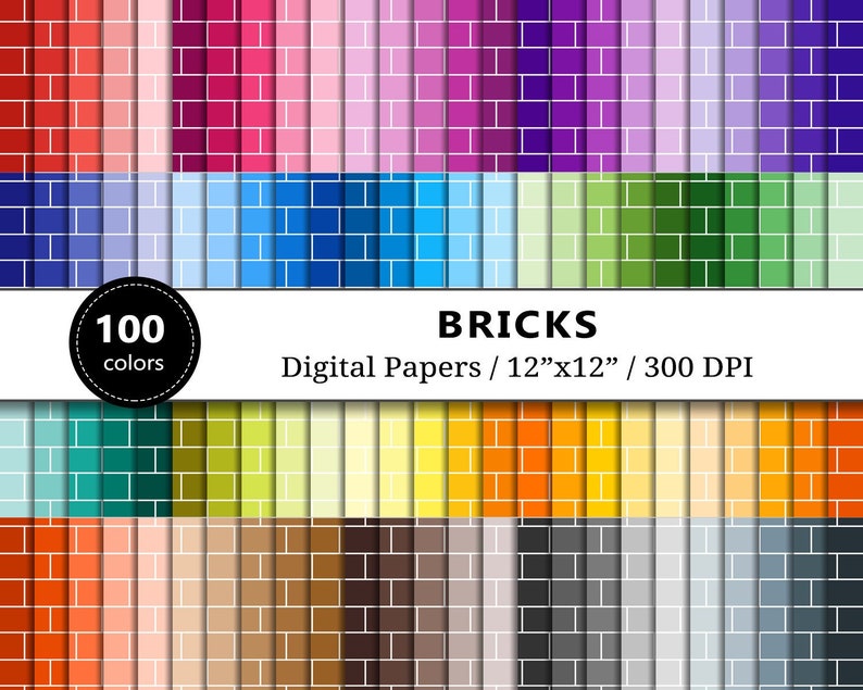 Bricks Digital Paper, 100 Rainbow Colors, Wall Scrapbook Papers ...