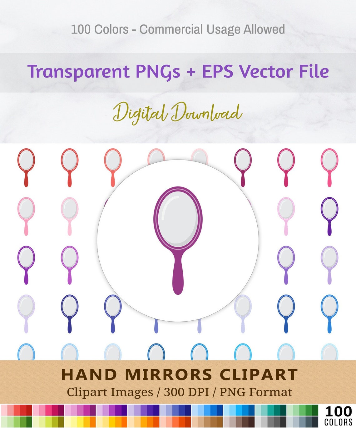 100 Hand Mirror Clipart Set, Makeup Clip Art, Rainbow Colors, Planner ...
