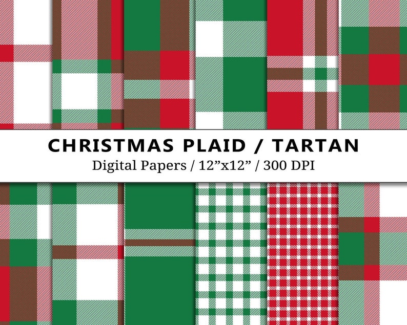 Christmas Tartan Plaid Digital Papers, Green and Red Buffalo Plaid ...