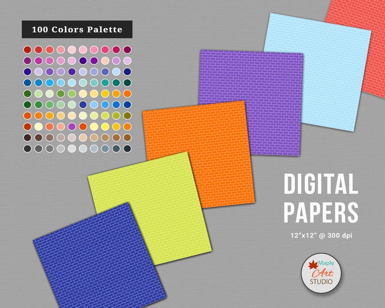 Bricks Digital Paper, 100 Rainbow Colors, Wall Scrapbook Papers ...