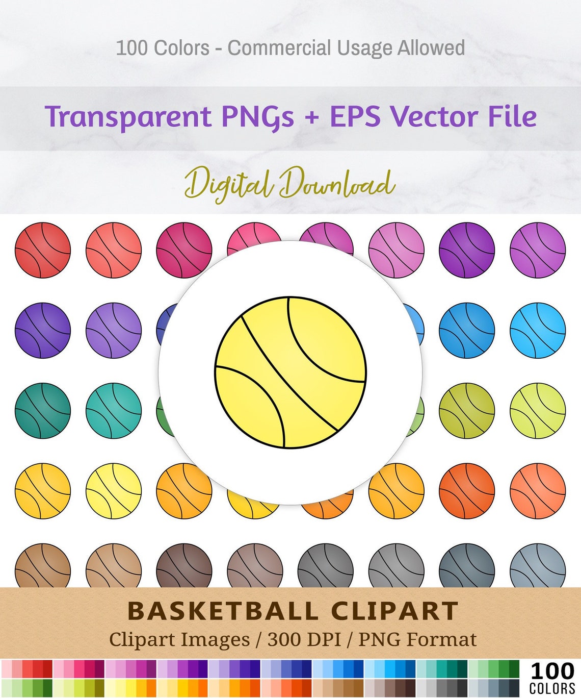 100 Basketball Clipart, Sports Ball Clip Art, Rainbow Colors Planner ...