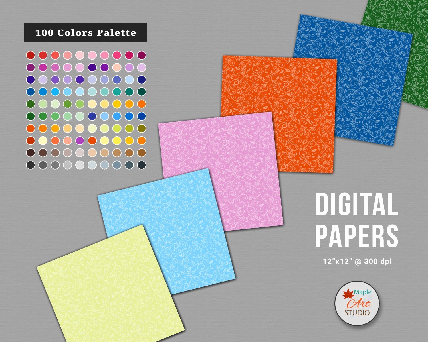 Tinted Swirls Digital Paper, 100 Rainbow Doodle Floral Pattern ...