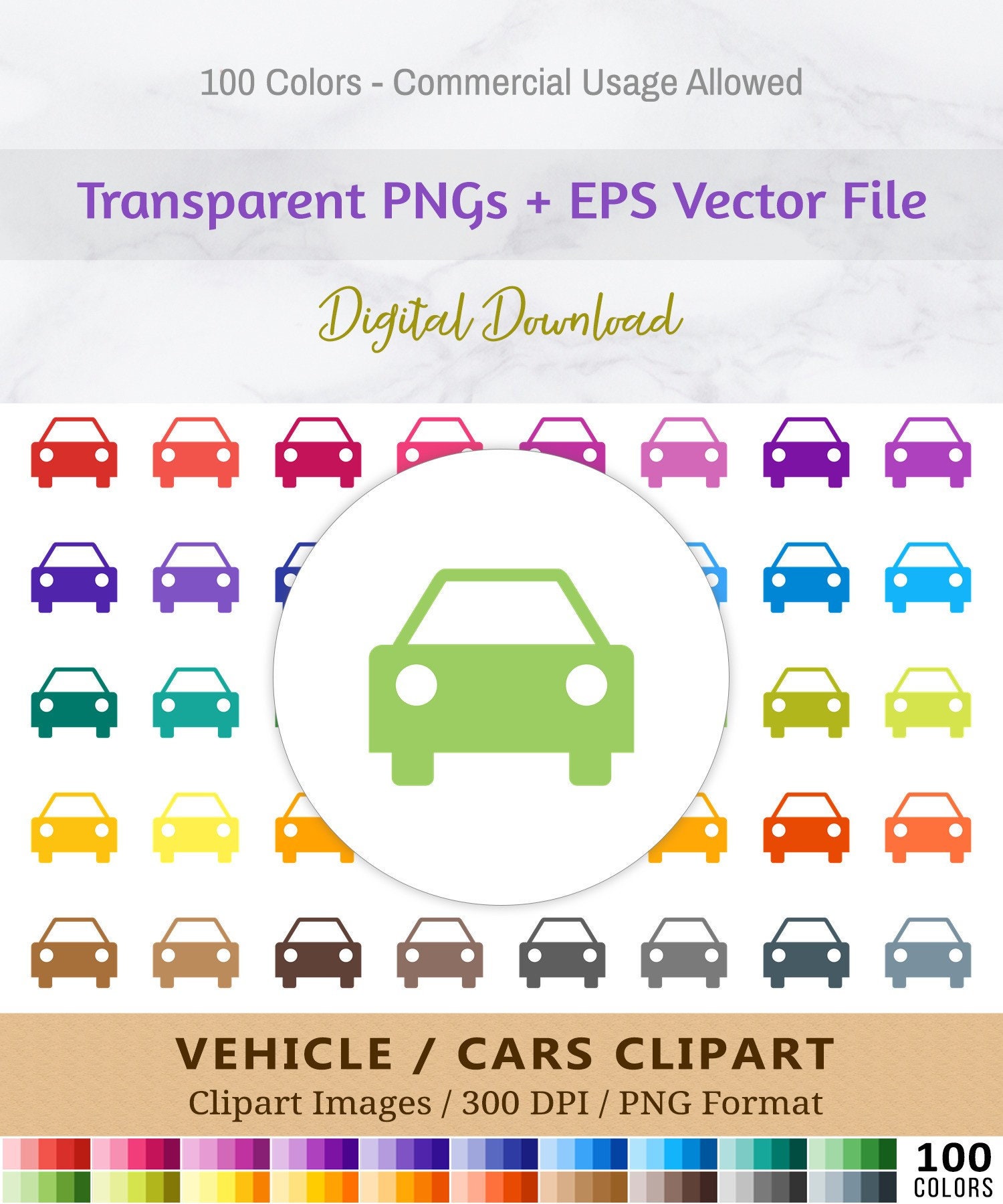 100 Cars Clipart, Vehicle Clip Art, Rainbow Colors, Vector EPS PNG ...