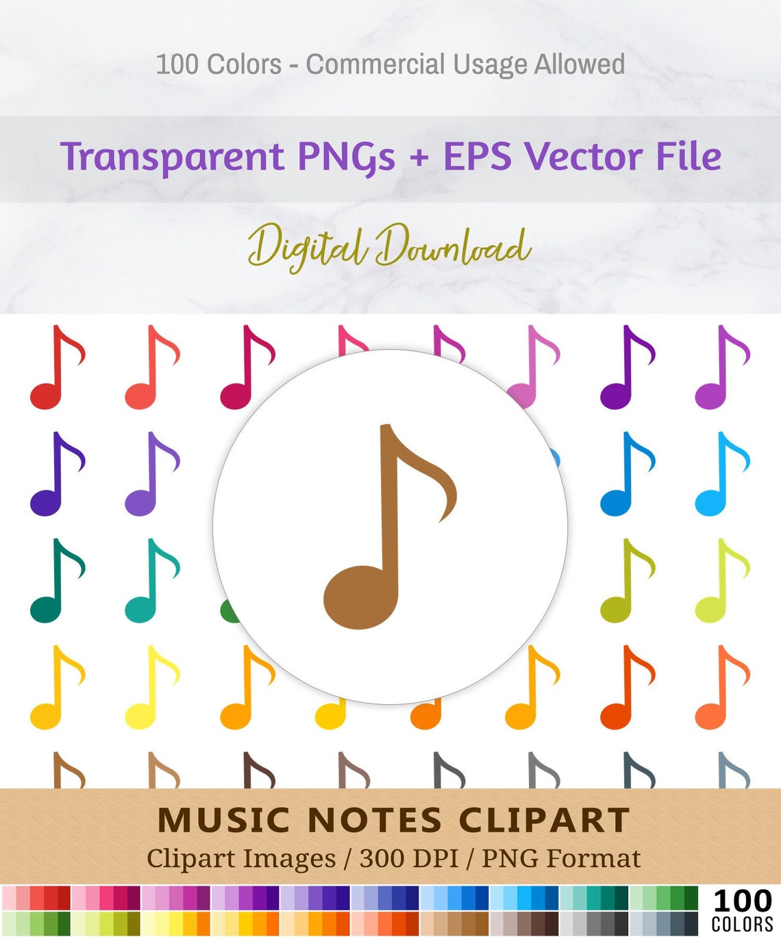 100 Music Note Clipart, Musical Notes Clip Art, Rainbow Colors, Planner ...