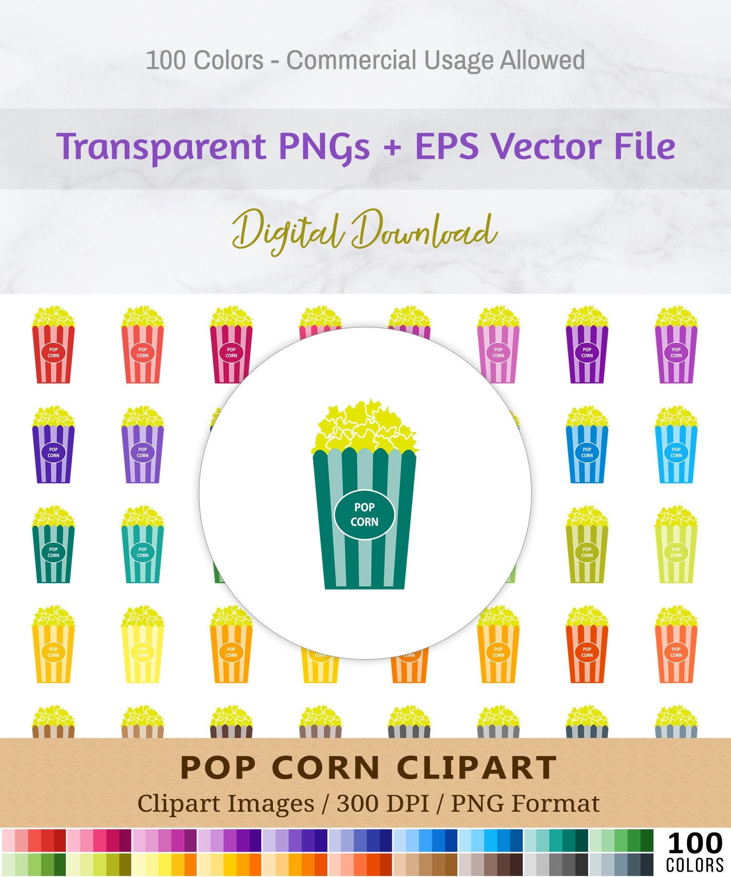 100 Popcorn Clipart, Pop Corn Clip Art, Rainbow Colors, Movie Night ...