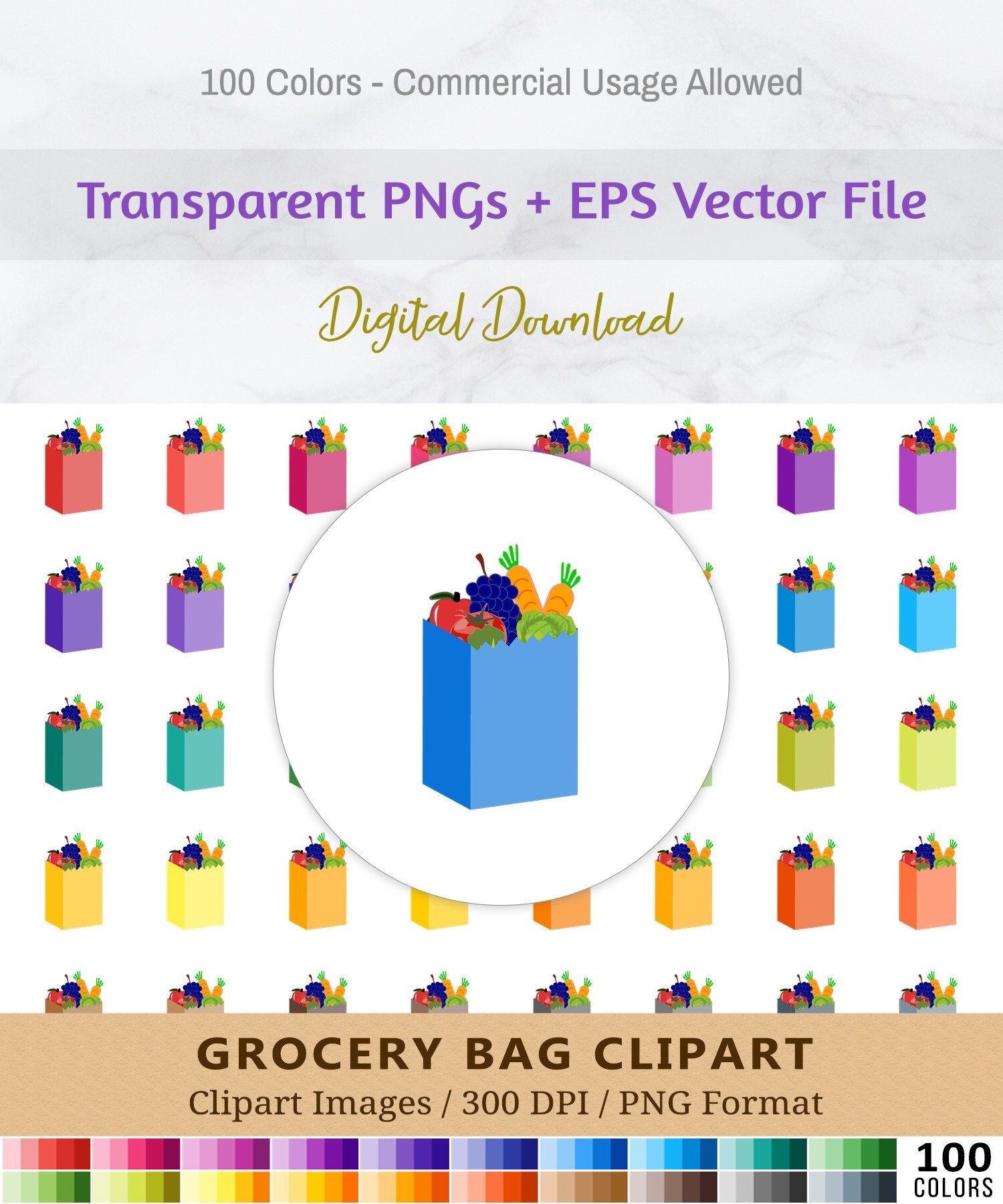 100 Grocery Bag Clipart, Shopping Clip Art, Rainbow Colors Planner ...