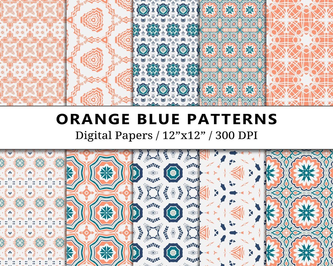 Orange Blue Geometric Patterns, Coordinating Digital Papers, Flowers ...