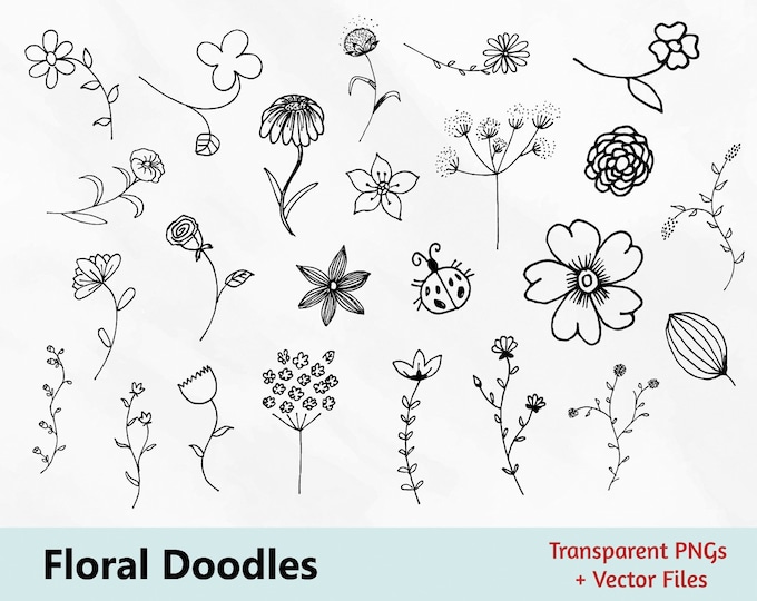 Floral Doodles Clipart, Flowers Doodle Clipart, Hand Drawn Flower ...