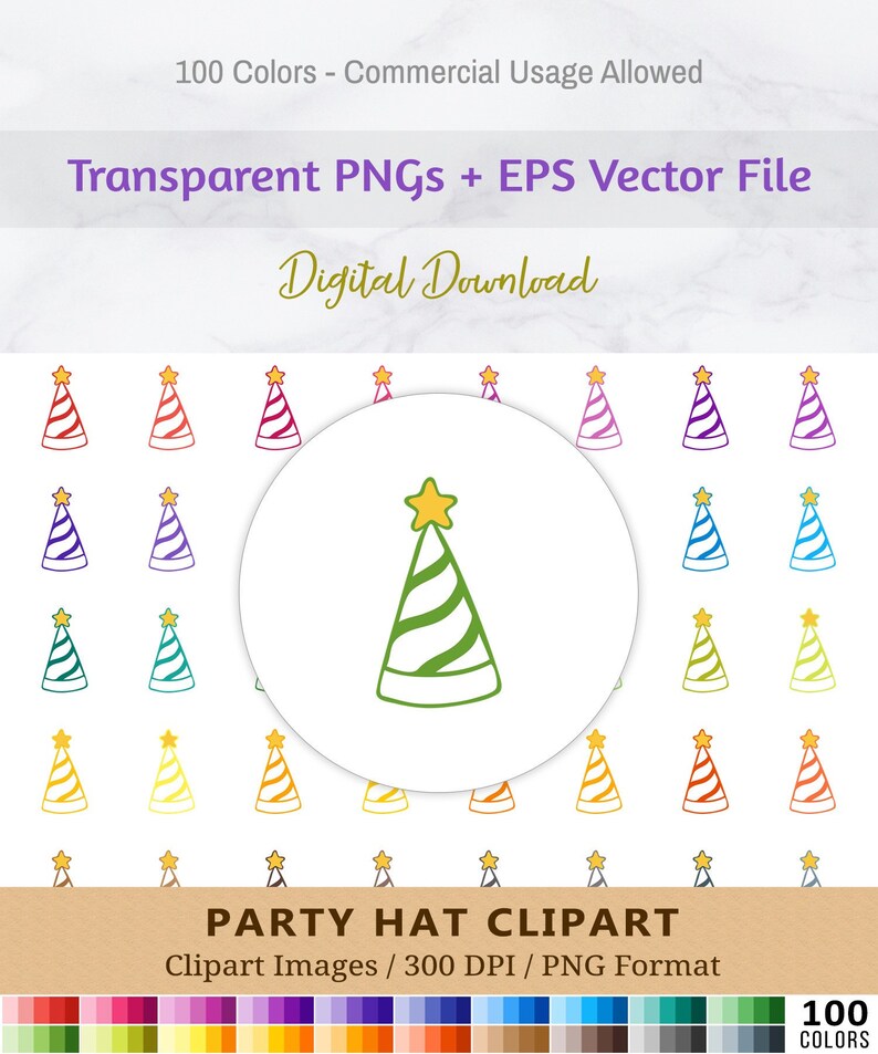 100 Party Hat Clipart, Birthday Clip Art, Rainbow Colors, Celebration ...