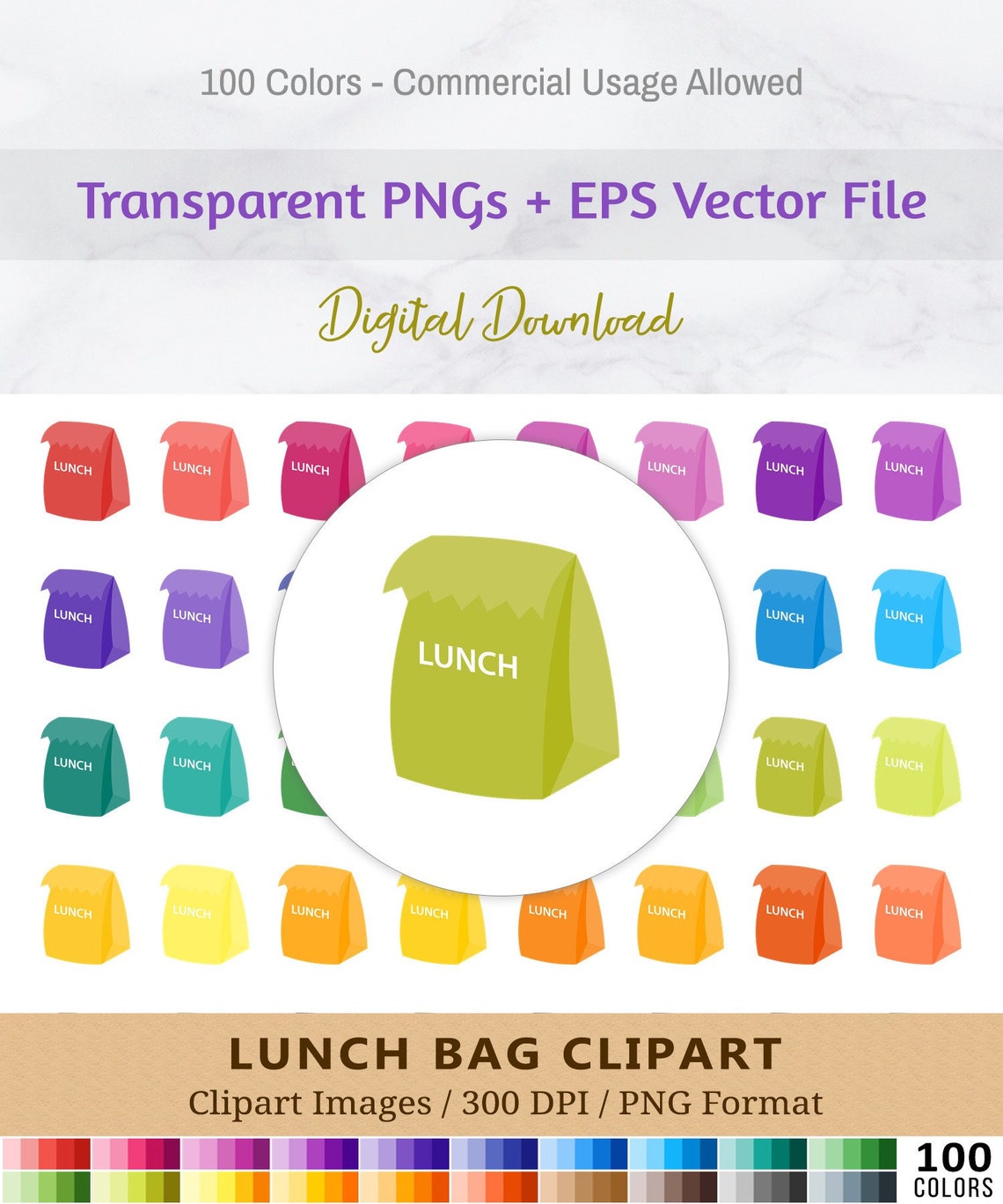 100 Lunch Bag Clipart, Food Clip Art, Rainbow Meal Planner Printable ...