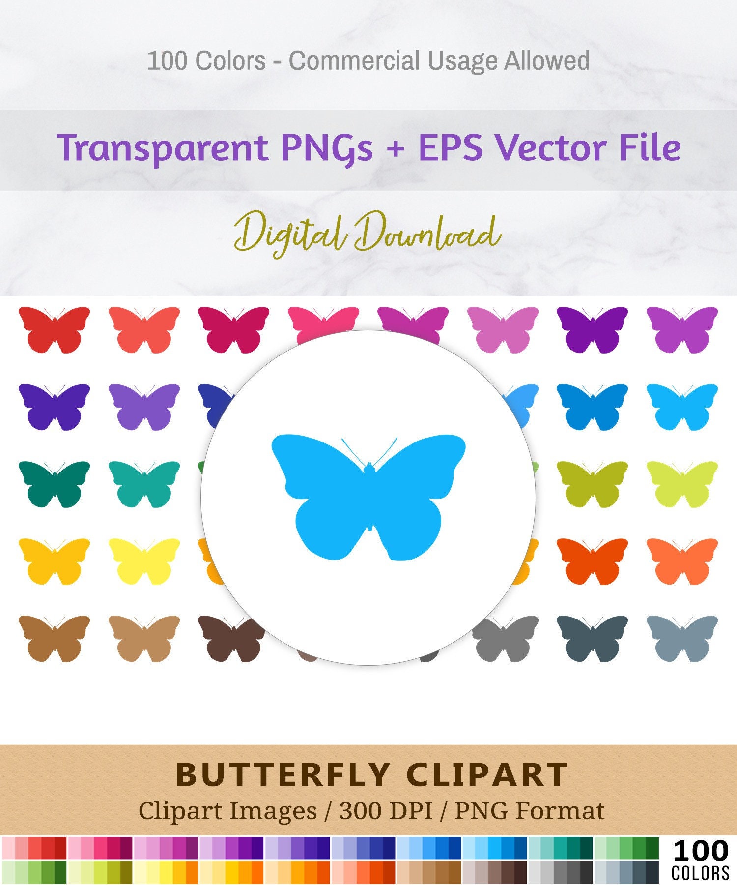 100 Butterfly Clipart, Butterflies Clip Art, Rainbow Colors Planner ...