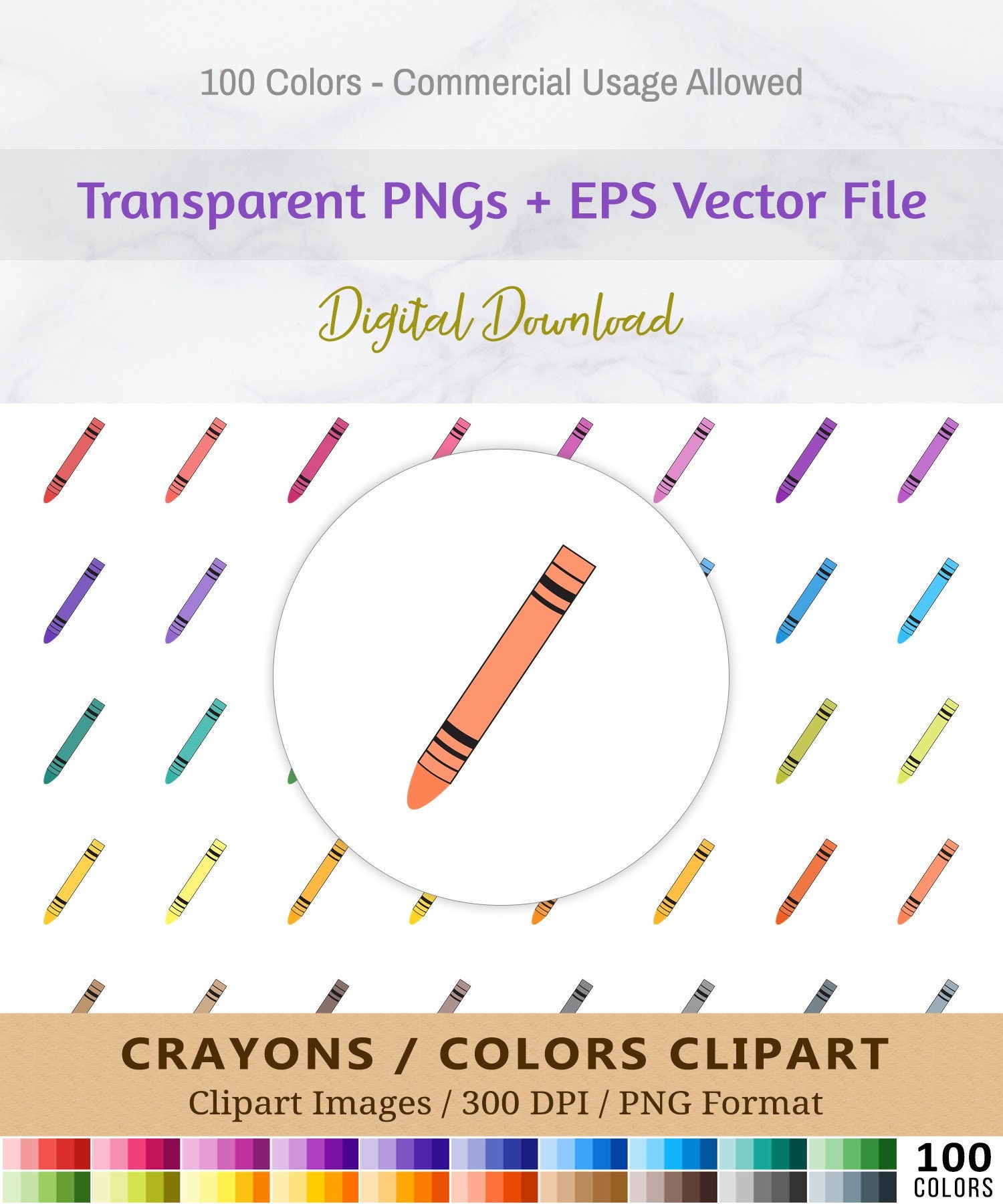 100 Crayon Clipart, Coloring Pencil Clip Art, Rainbow Colors Planner ...