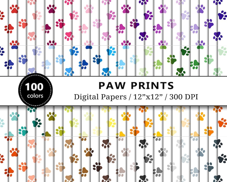 Paw Print Digital Paper, 100 Rainbow Paws, Animal Prints Scrapbook ...