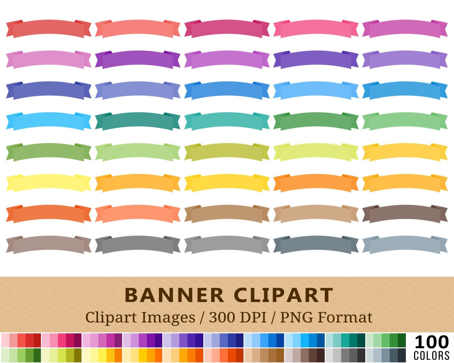 100 Ribbon Banner Clipart, Banners Clip Art, Rainbow Colors, Labels ...