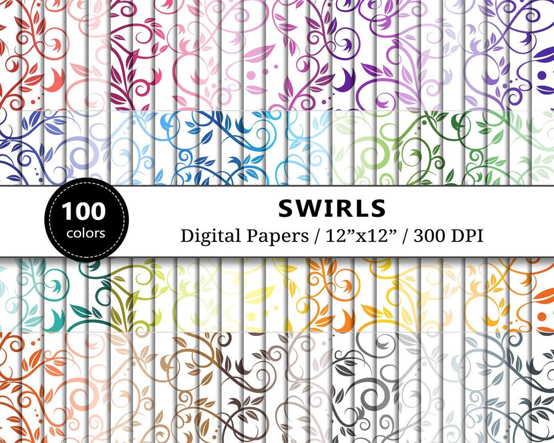 Colored Swirls Digital Paper, 100 Rainbow Doodle Floral Pattern ...