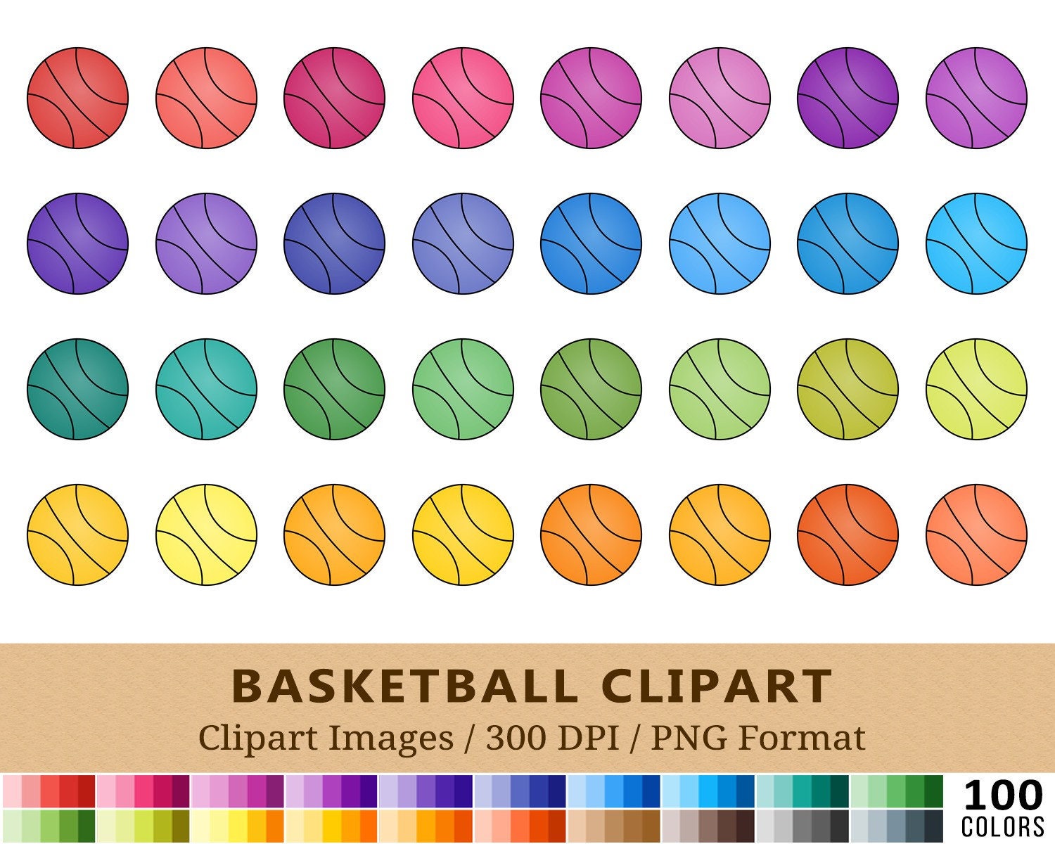 100 Basketball Clipart, Sports Ball Clip Art, Rainbow Colors Planner ...