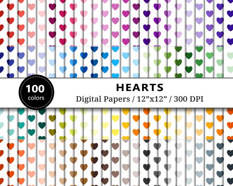Rainbow Hearts Digital Paper, Hearts Printable, Scrapbook Paper, 100 ...