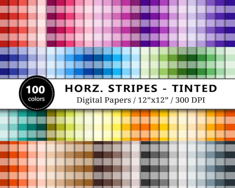 Horizontal Tinted Stripes Digital Paper Backgrounds, Thick Lines, 100 ...