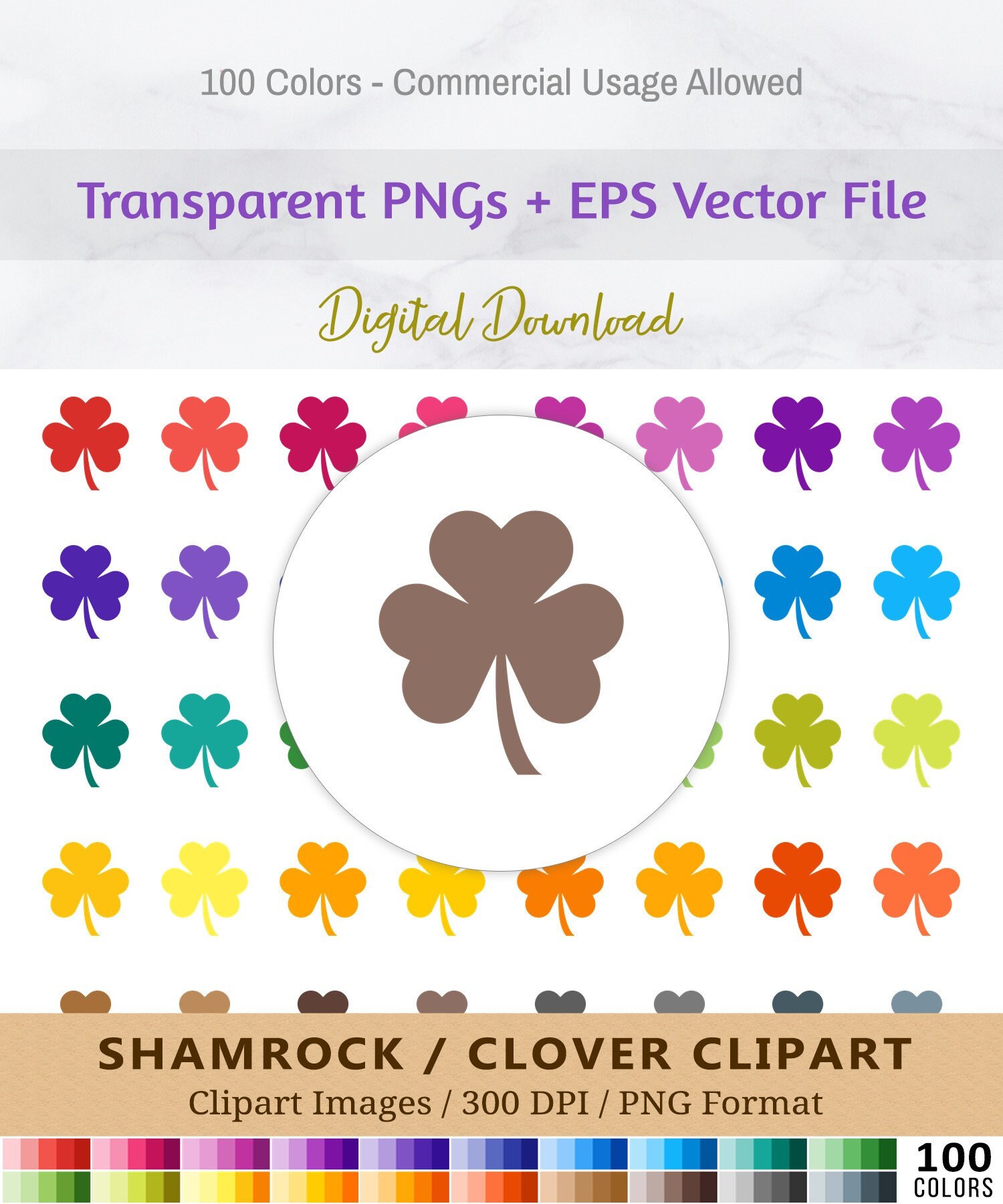 100 Clover Clipart, Shamrock Clip Art, Rainbow Planner Printable ...
