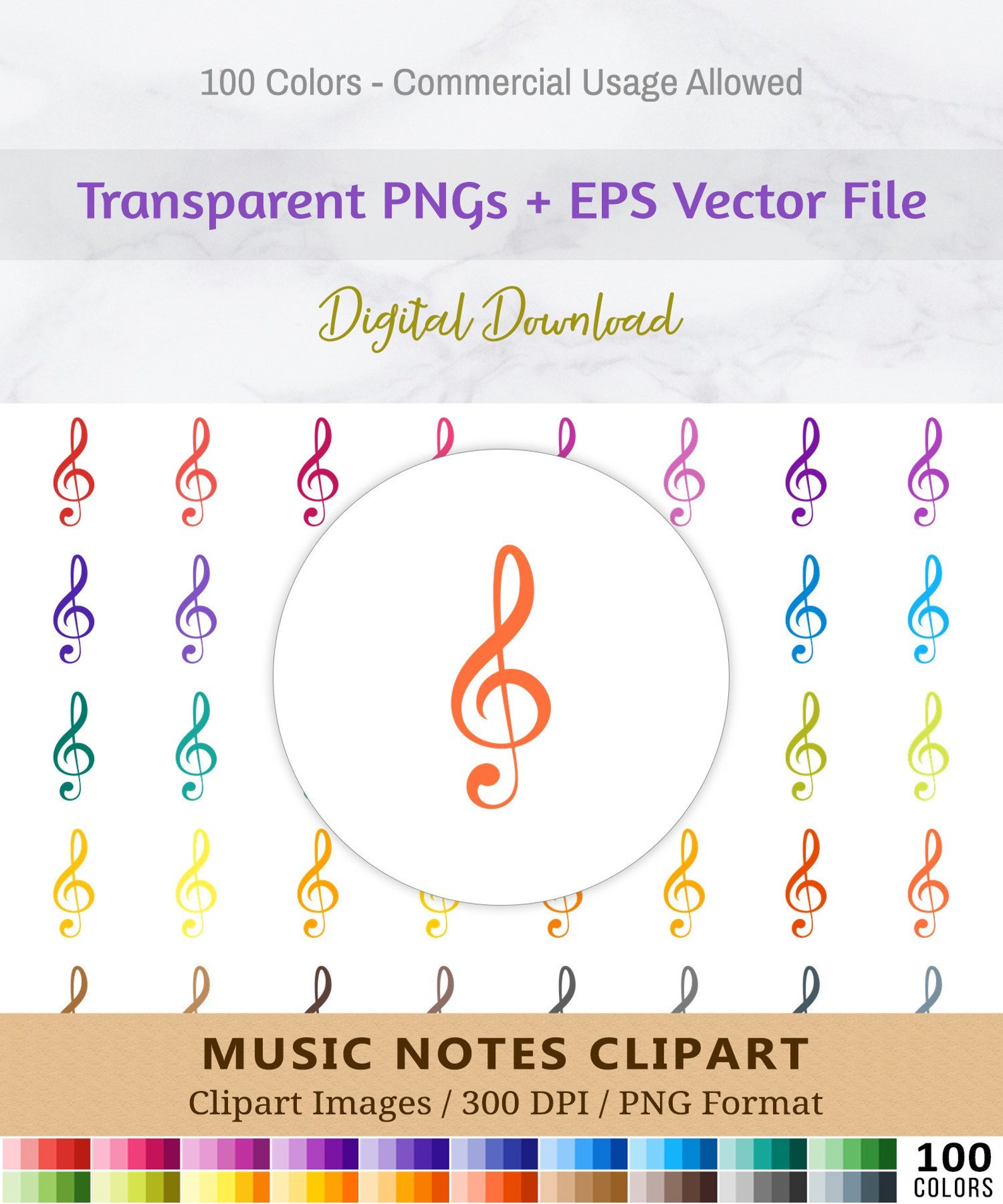 100 Music Note Clipart, Musical Notes Clip Art, Rainbow Colors, Vector ...