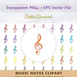 100 Music Note Clipart, Musical Notes Clip Art, Rainbow Colors, Vector ...