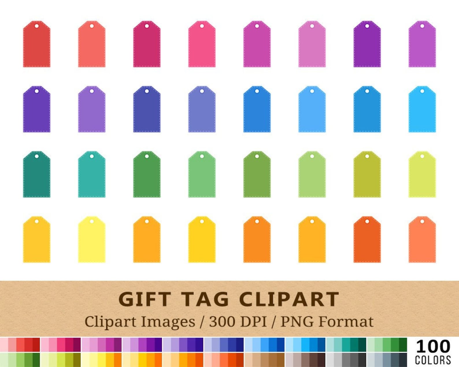 100 Gift Tag Clipart, Digital Gift Tags Clip Art, Rainbow Colors ...
