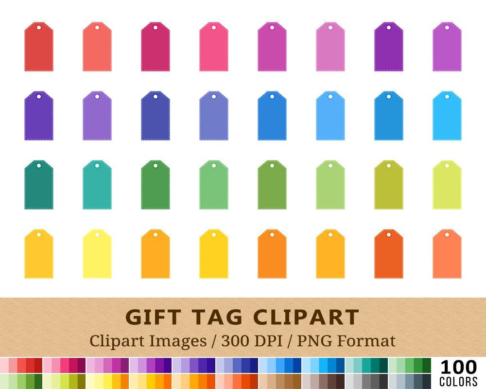 100 Gift Tag Clipart, Digital Gift Tags Clip Art, Rainbow Colors ...